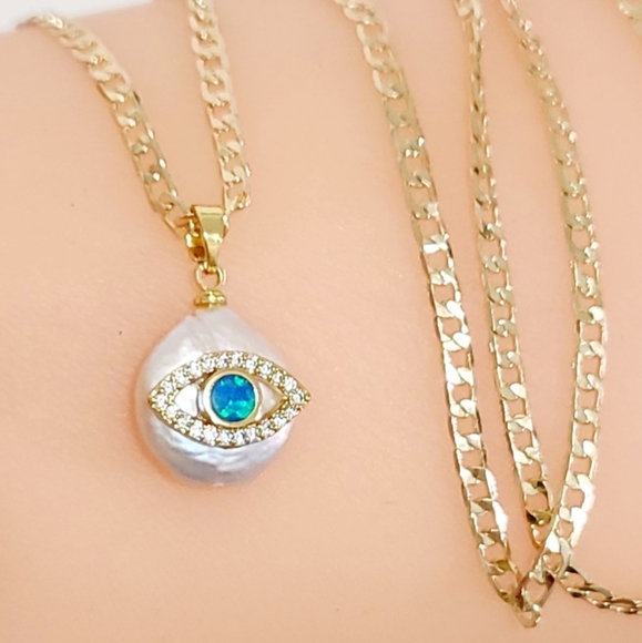 14k Gold Plated | Jewelry | Pearl Evil Eyes Necklace New | Poshmark